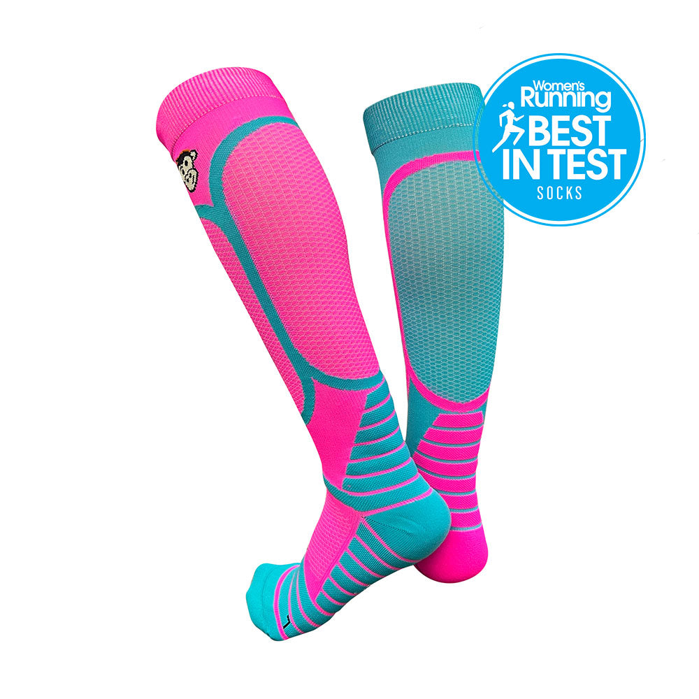 VICTORY COMPRESSION RUNNING SOCKS: PINK + TURQUOISE – Monkey Sox CIC